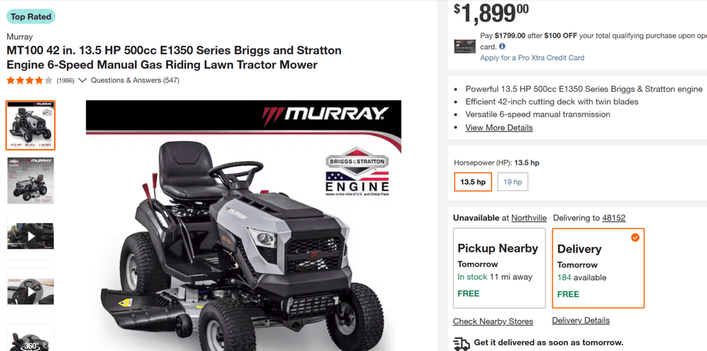 Murray MT100 Riding Lawn Tractor Mower 42 in. 13.5 HP 500cc E1350 Seri