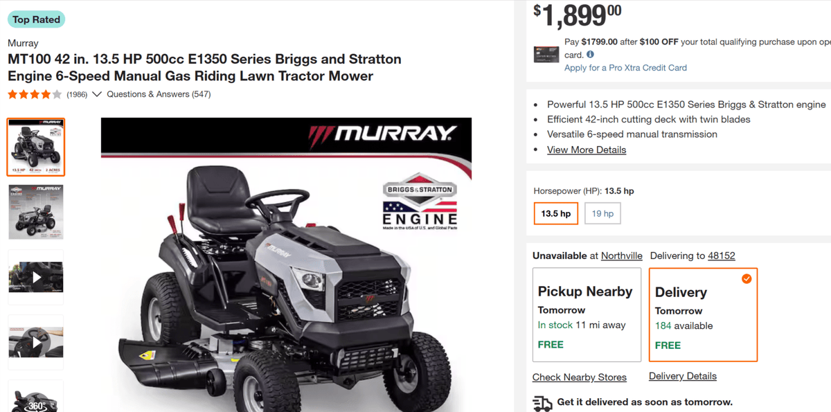 Murray MT100 Riding Lawn Tractor Mower 42 in. 13.5 HP 500cc E1350 Seri